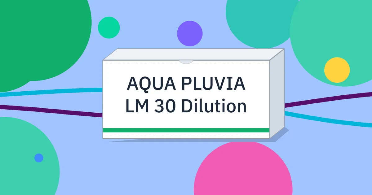 Symbolbild: Packung mit der Aufschrift AQUA PLUVIA LM 30 Dilution (PZN 12766173) – Verfügbarkeit und Bezug in Apotheken in Frankfurt am Main