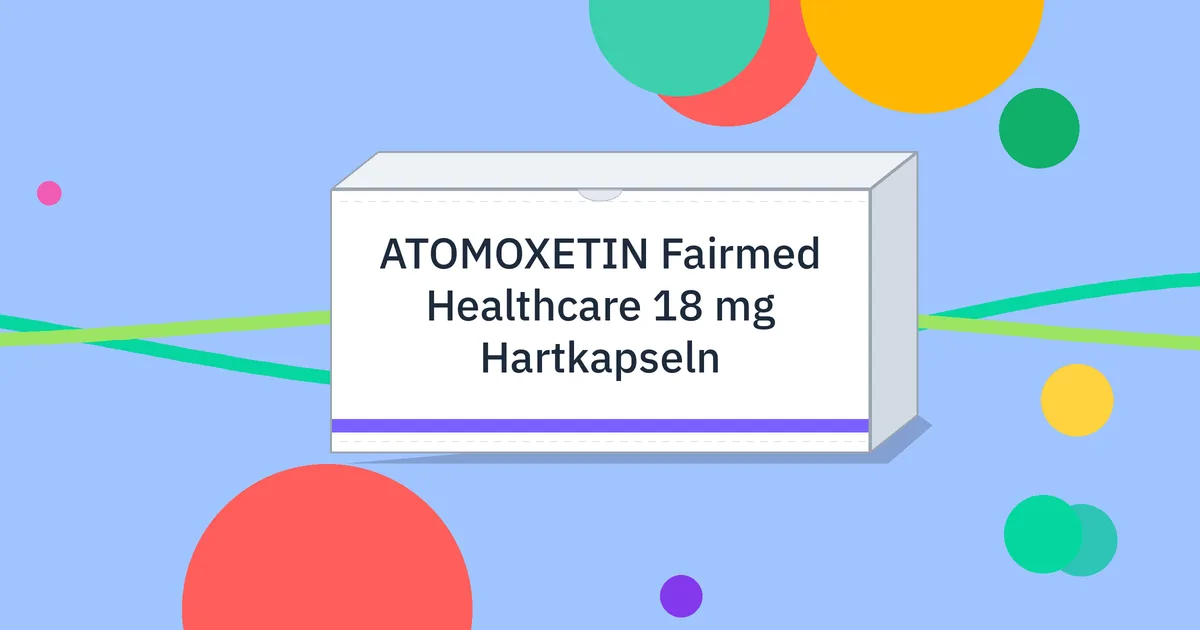 Symbolbild: Packung mit der Aufschrift ATOMOXETIN Fairmed Healthcare 18 mg Hartkapseln (PZN 16581476) – Verfügbarkeit und Bezug in Apotheken in Frankfurt am Main