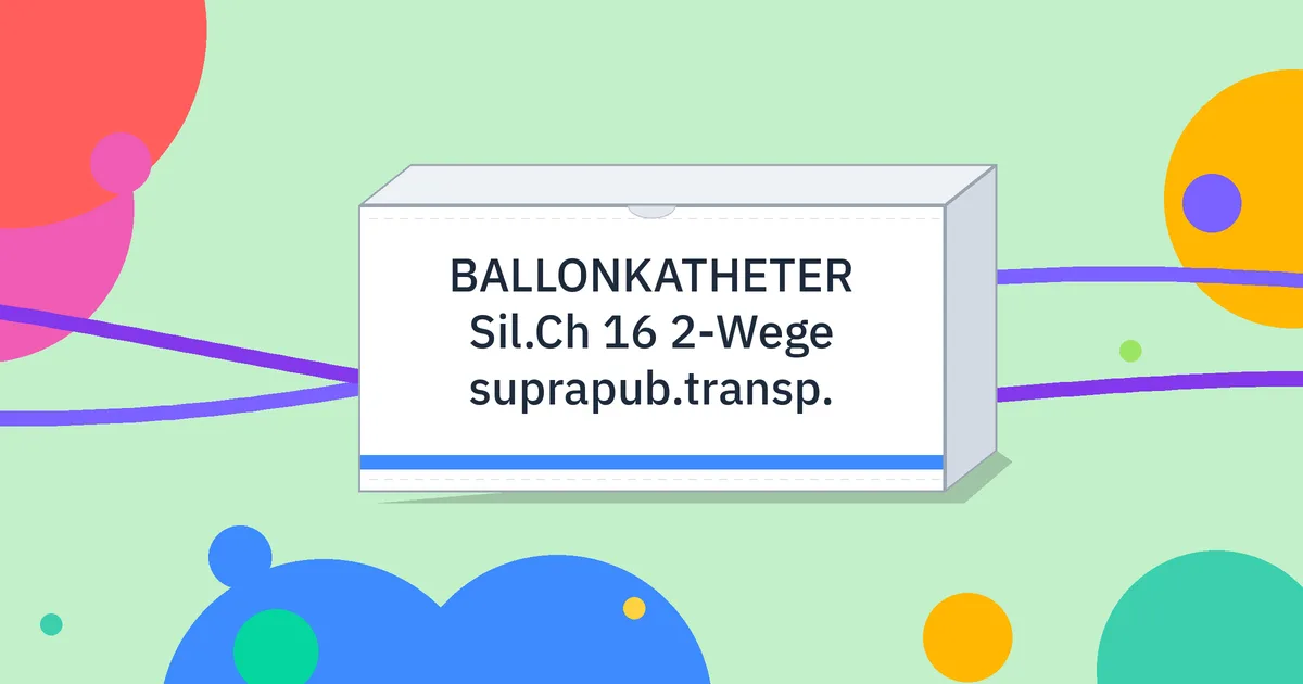Symbolbild: Packung mit der Aufschrift BALLONKATHETER Sil.Ch 16 2-Wege suprapub.transp. (PZN 14350608) – Verfügbarkeit und Bezug in Apotheken in Frankfurt am Main