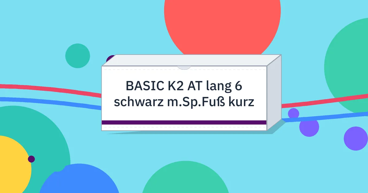 Symbolbild: Packung mit der Aufschrift BASIC K2 AT lang 6 schwarz m.Sp.Fuß kurz (PZN 20269773) – Verfügbarkeit und Bezug in Apotheken in Frankfurt am Main
