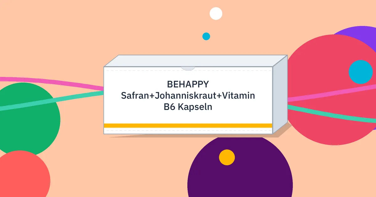 Symbolbild: Packung mit der Aufschrift BEHAPPY Safran+Johanniskraut+Vitamin B6 Kapseln (PZN 19227025) – Verfügbarkeit und Bezug in Apotheken in Frankfurt am Main