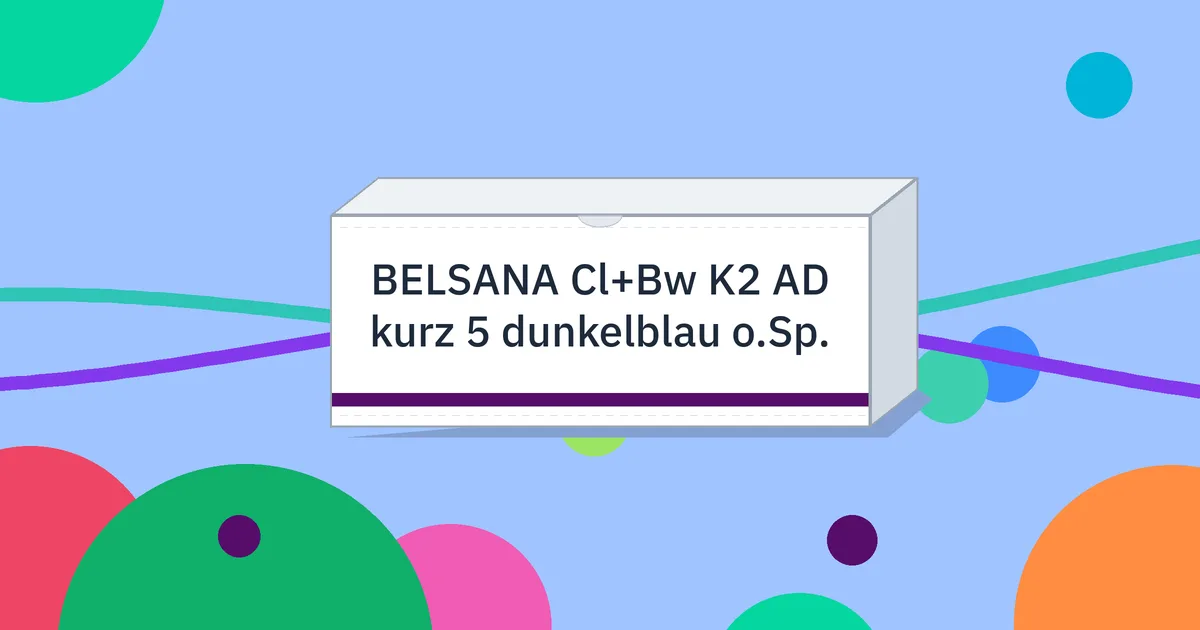 Symbolbild: Packung mit der Aufschrift BELSANA Cl+Bw K2 AD kurz 5 dunkelblau o.Sp. (PZN 15626656) – Verfügbarkeit und Bezug in Apotheken in Frankfurt am Main