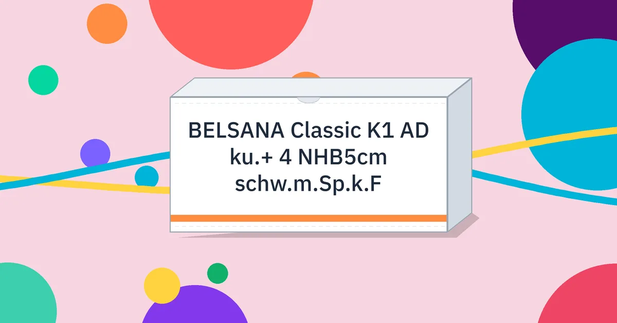 Symbolbild: Packung mit der Aufschrift BELSANA Classic K1 AD ku.+ 4 NHB5cm schw.m.Sp.k.F (PZN 19255949) – Verfügbarkeit und Bezug in Apotheken in Frankfurt am Main