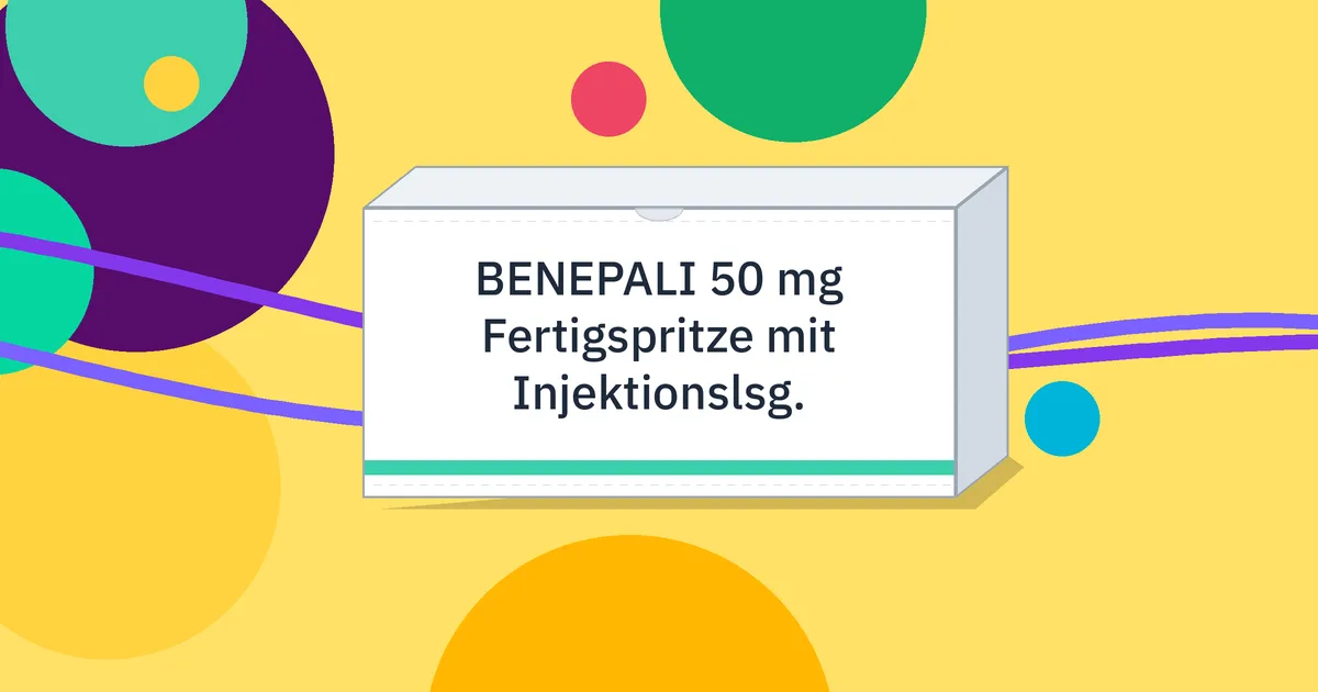 Symbolbild: Packung mit der Aufschrift BENEPALI 50 mg Fertigspritze mit Injektionslsg. (PZN 12571073) – Verfügbarkeit und Bezug in Apotheken in Frankfurt am Main