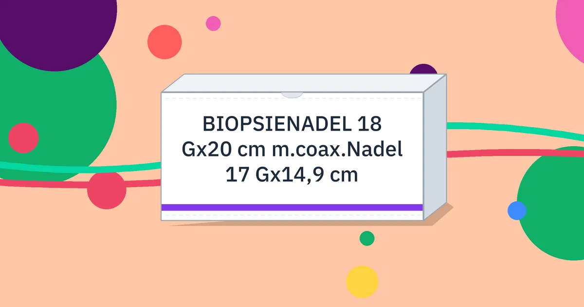 Symbolbild: Packung mit der Aufschrift BIOPSIENADEL 18 Gx20 cm m.coax.Nadel 17 Gx14,9 cm (PZN 12570926) – Verfügbarkeit und Bezug in Apotheken in Frankfurt am Main