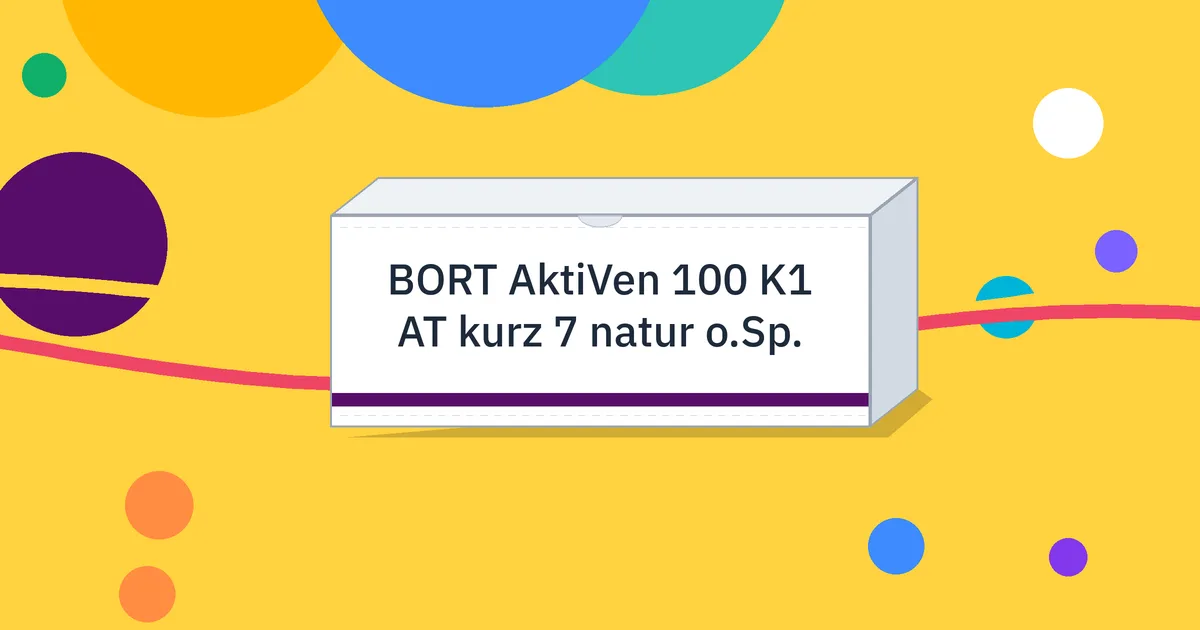 Symbolbild: Packung mit der Aufschrift BORT AktiVen 100 K1 AT kurz 7 natur o.Sp. (PZN 13736381) – Verfügbarkeit und Bezug in Apotheken in Frankfurt am Main
