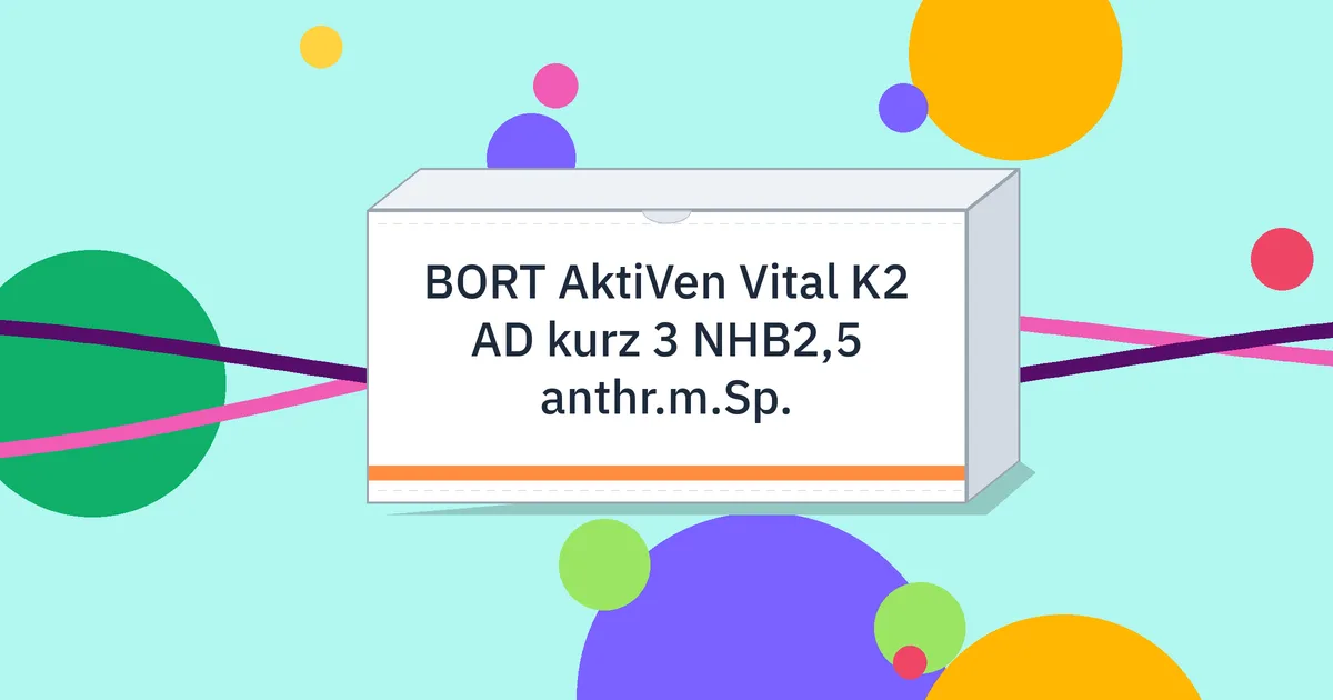 Symbolbild: Packung mit der Aufschrift BORT AktiVen Vital K2 AD kurz 3 NHB2,5 anthr.m.Sp. (PZN 17499831) – Verfügbarkeit und Bezug in Apotheken in Frankfurt am Main