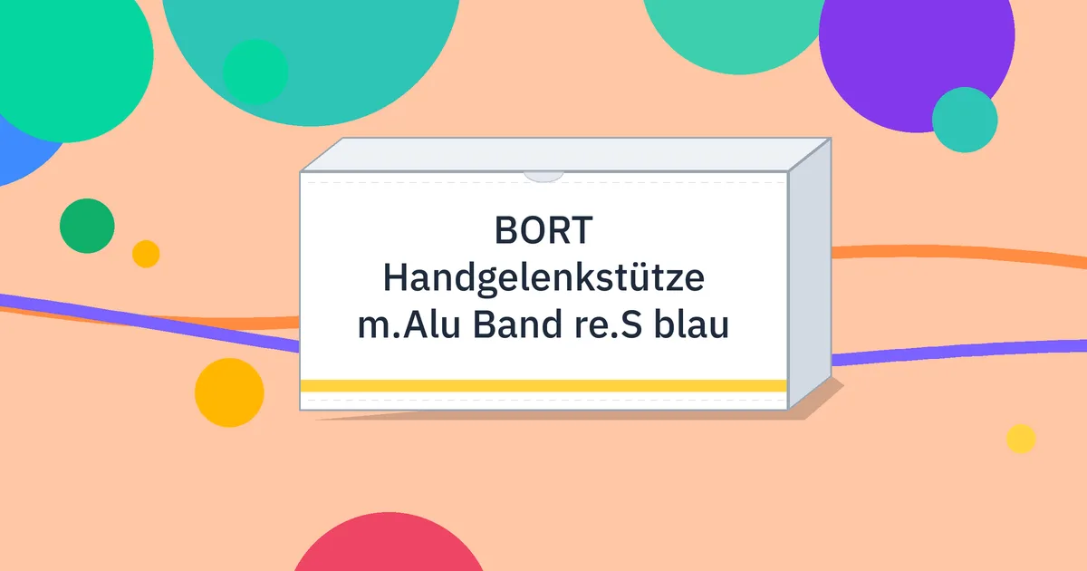 Symbolbild: Packung mit der Aufschrift BORT Handgelenkstütze m.Alu Band re.S blau (PZN 04125313) – Verfügbarkeit und Bezug in Apotheken in Frankfurt am Main