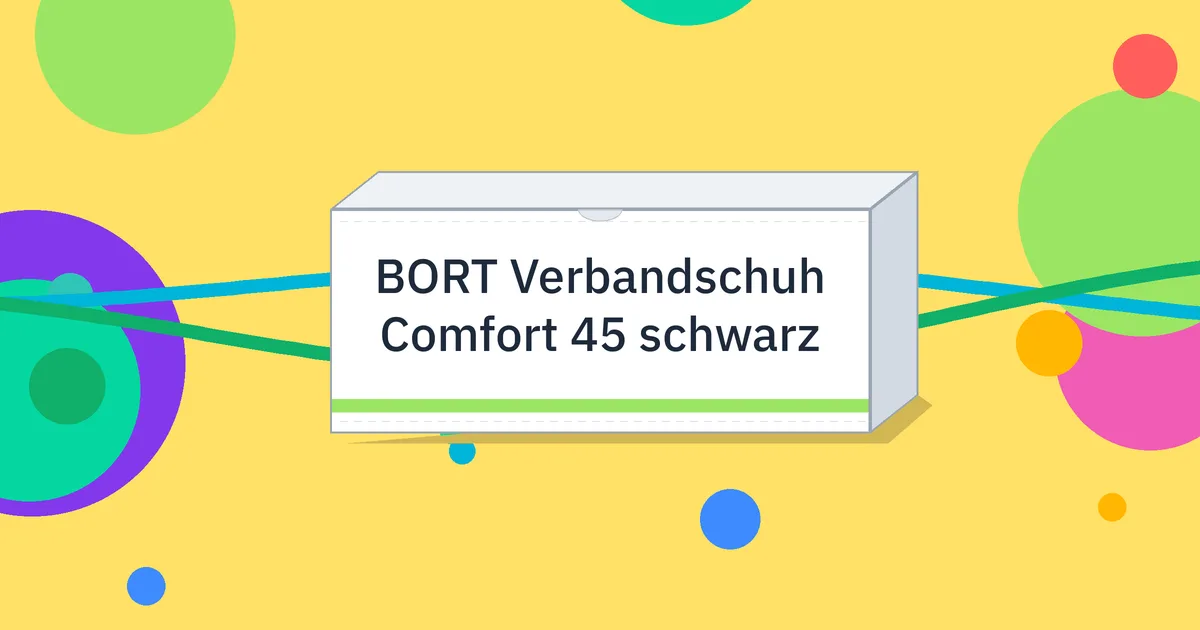 Symbolbild: Packung mit der Aufschrift BORT Verbandschuh Comfort 45 schwarz (PZN 02730932) – Verfügbarkeit und Bezug in Apotheken in Frankfurt am Main