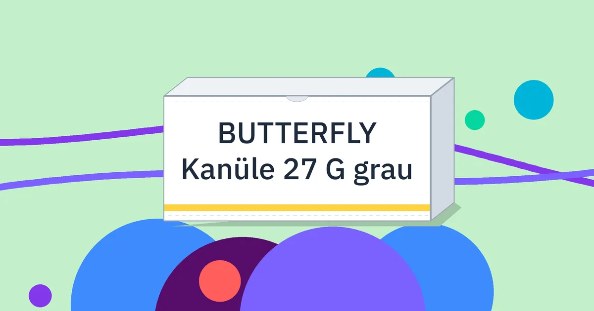Symbolbild: Packung mit der Aufschrift BUTTERFLY Kanüle 27 G grau (PZN 09685293) – Verfügbarkeit und Bezug in Apotheken in Frankfurt am Main