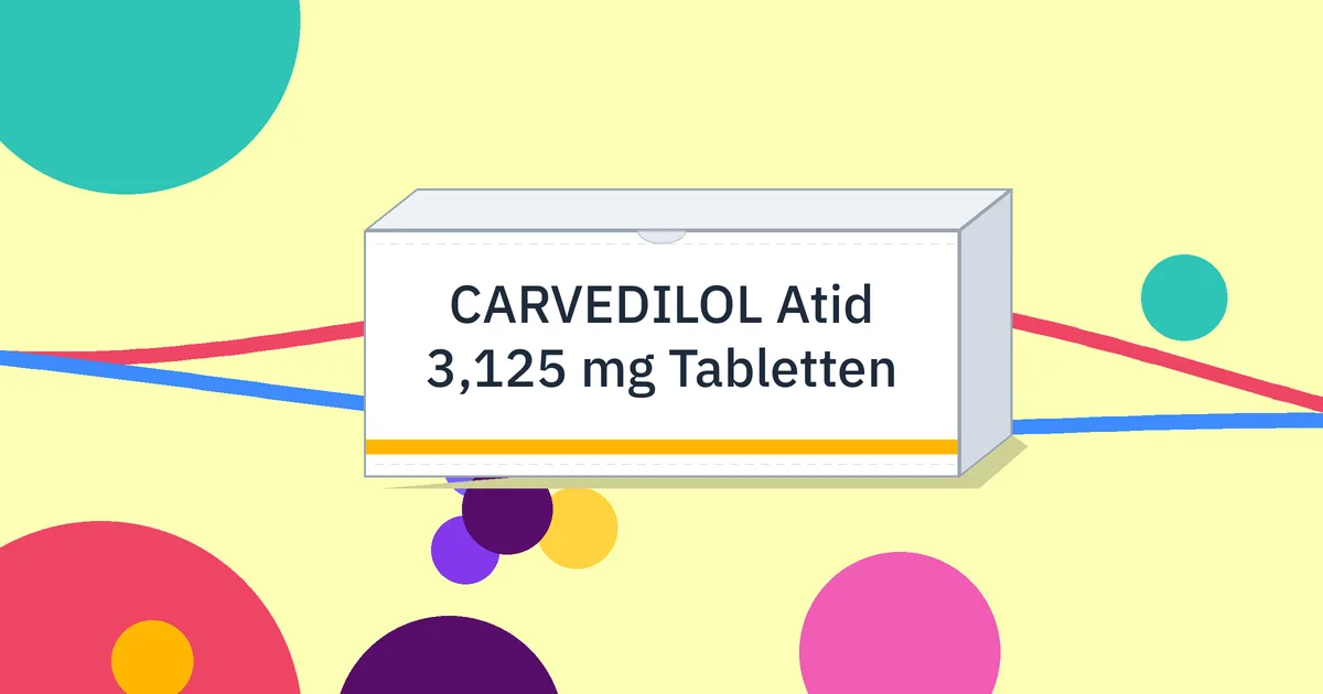 Symbolbild: Packung mit der Aufschrift CARVEDILOL Atid 3,125 mg Tabletten (PZN 00619260) – Verfügbarkeit und Bezug in Apotheken in Frankfurt am Main