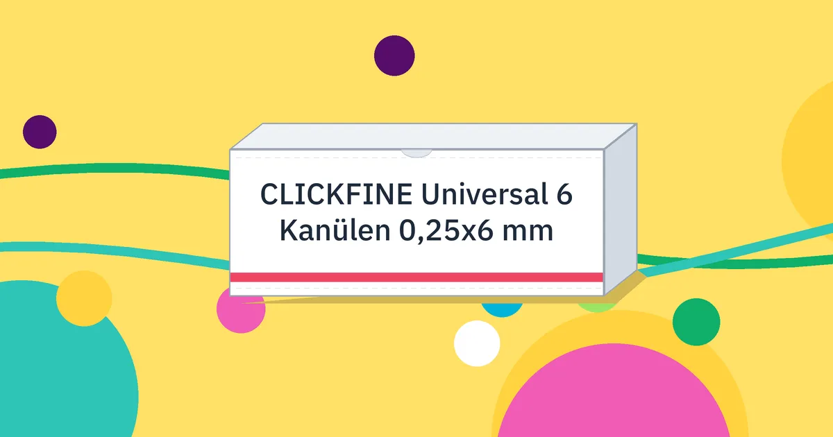 Symbolbild: Packung mit der Aufschrift CLICKFINE Universal 6 Kanülen 0,25x6 mm (PZN 16360321) – Verfügbarkeit und Bezug in Apotheken in Frankfurt am Main