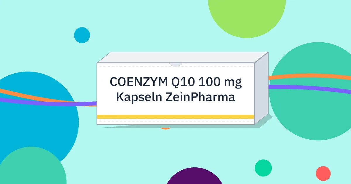 Symbolbild: Packung mit der Aufschrift COENZYM Q10 100 mg Kapseln ZeinPharma (PZN 11235539) – Verfügbarkeit und Bezug in Apotheken in Frankfurt am Main