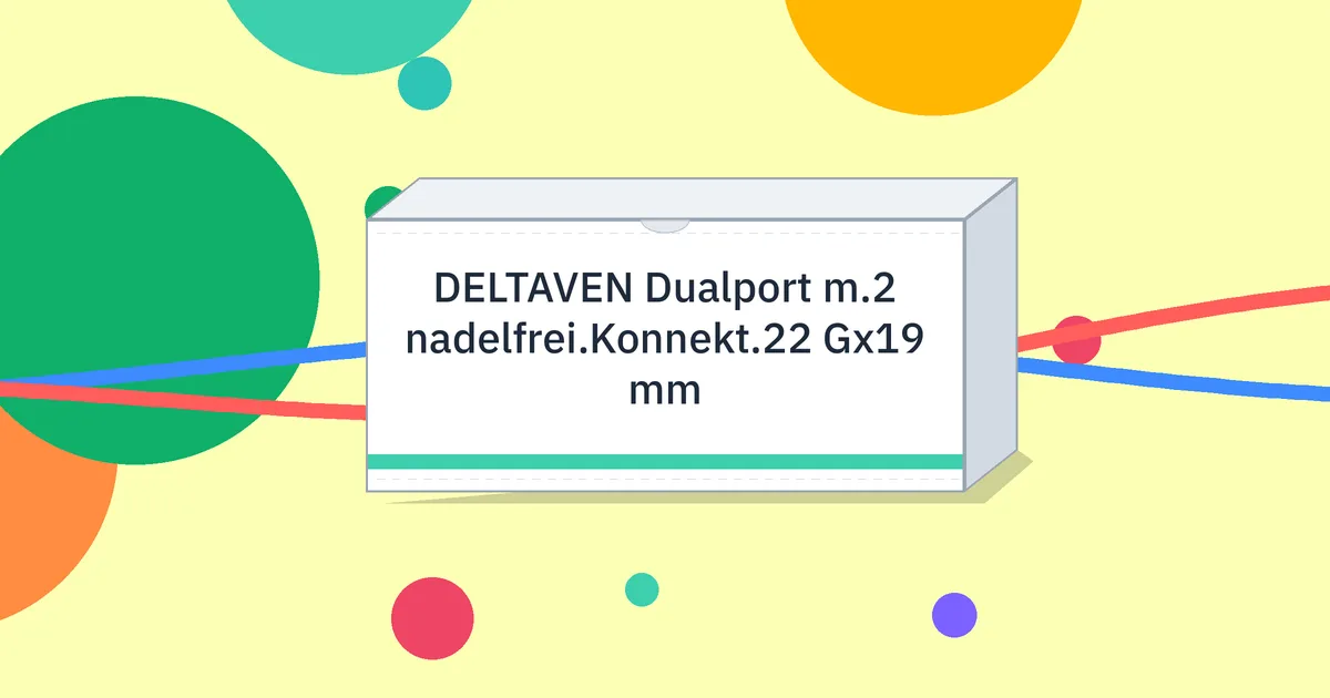 Symbolbild: Packung mit der Aufschrift DELTAVEN Dualport m.2 nadelfrei.Konnekt.22 Gx19 mm (PZN 20365382) – Verfügbarkeit und Bezug in Apotheken in Frankfurt am Main