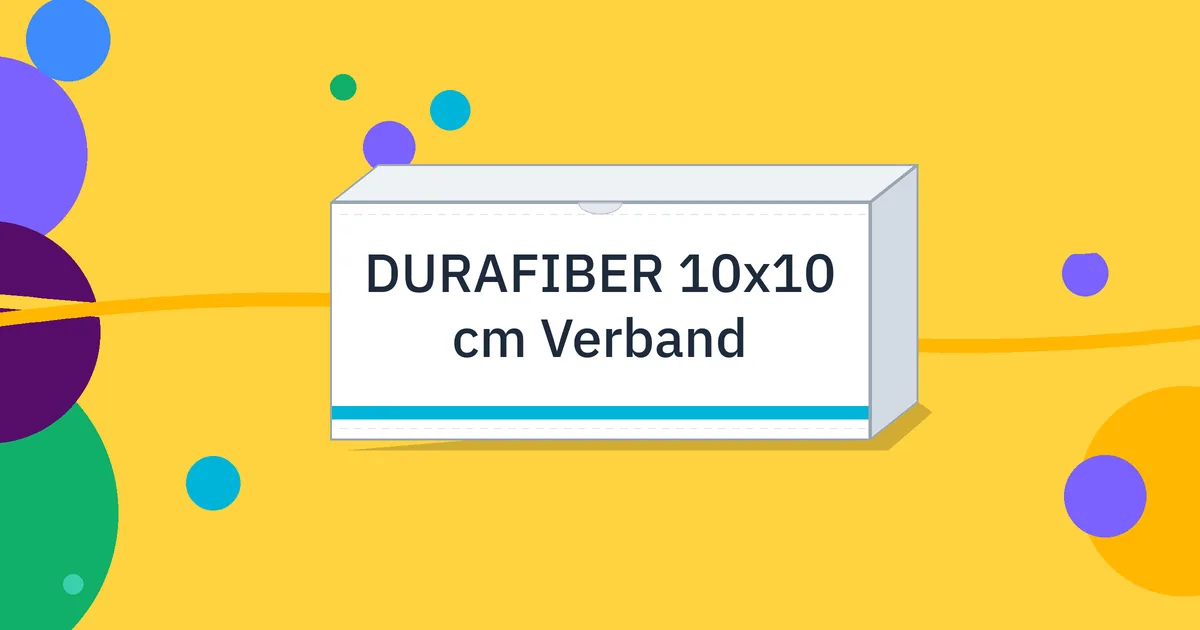 Symbolbild: Packung mit der Aufschrift DURAFIBER 10x10 cm Verband (PZN 19474574) – Verfügbarkeit und Bezug in Apotheken in Frankfurt am Main