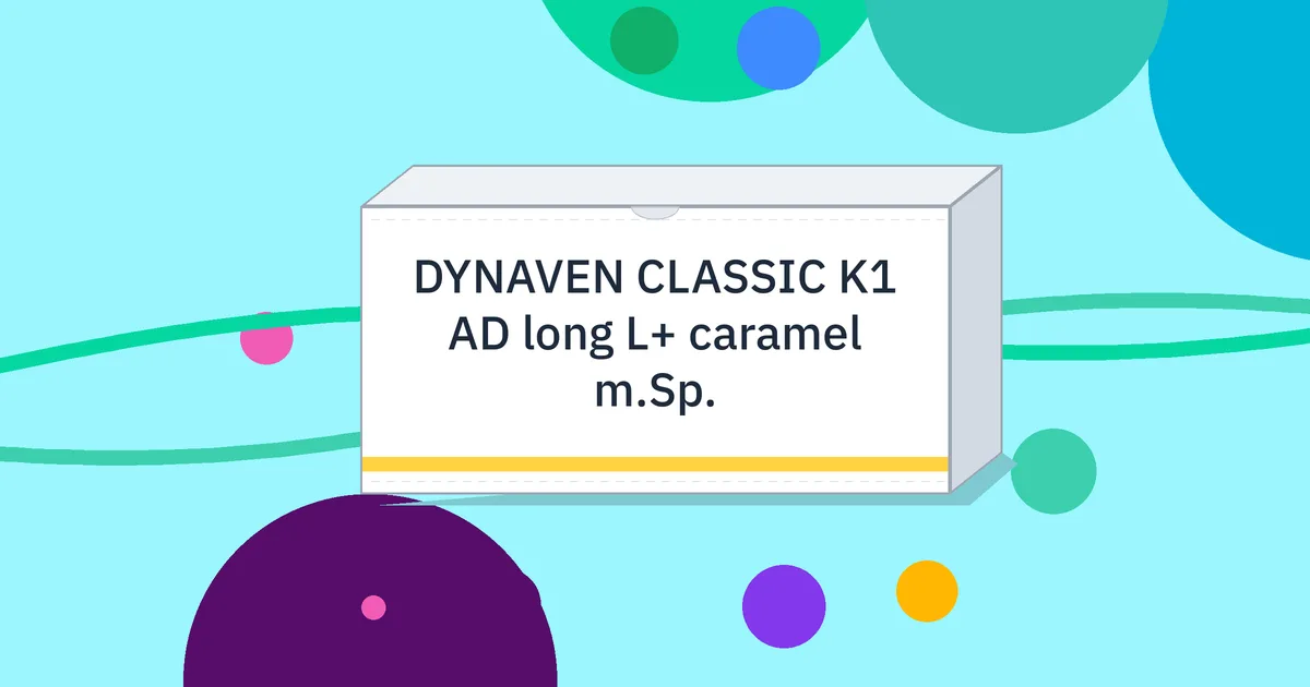 Symbolbild: Packung mit der Aufschrift DYNAVEN CLASSIC K1 AD long L+ caramel m.Sp. (PZN 18414995) – Verfügbarkeit und Bezug in Apotheken in Frankfurt am Main