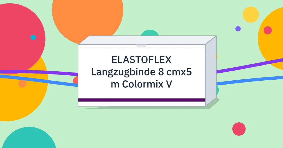 Symbolbild: Packung mit der Aufschrift ELASTOFLEX Langzugbinde 8 cmx5 m Colormix V (PZN 17491812) – Verfügbarkeit und Bezug in Apotheken in Frankfurt am Main
