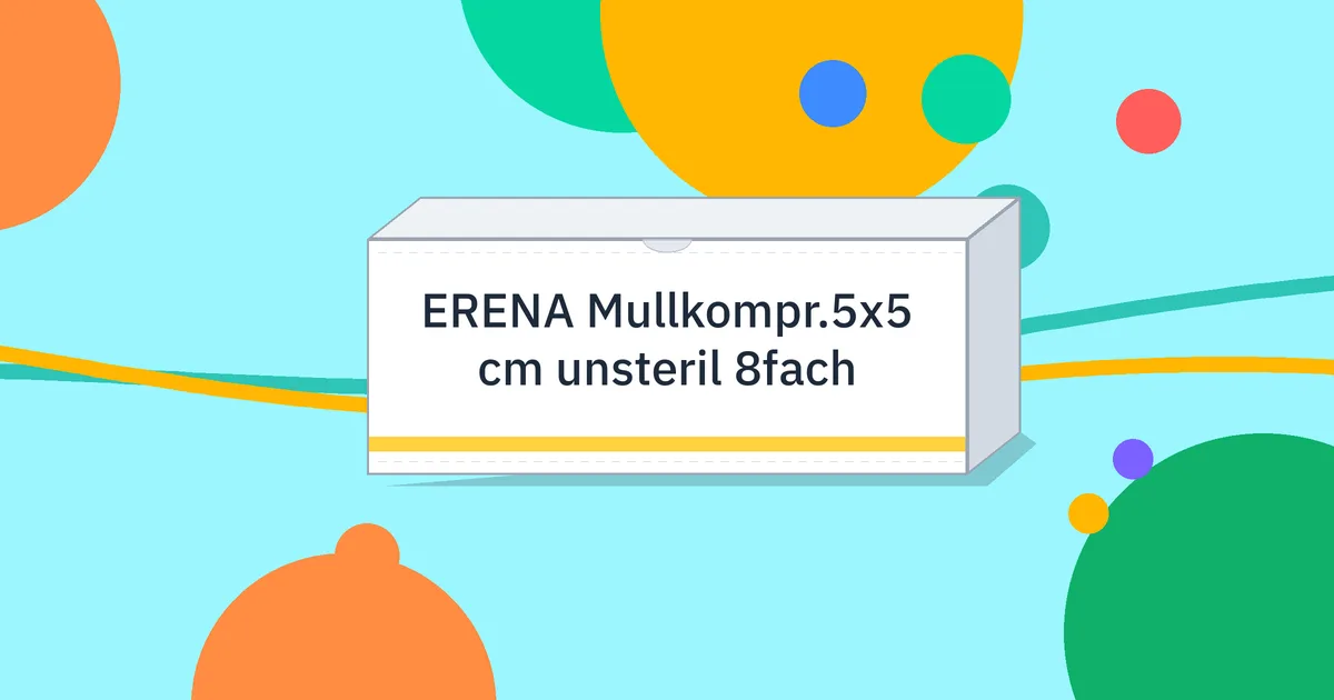 Symbolbild: Packung mit der Aufschrift ERENA Mullkompr.5x5 cm unsteril 8fach (PZN 03305390) – Verfügbarkeit und Bezug in Apotheken in Frankfurt am Main
