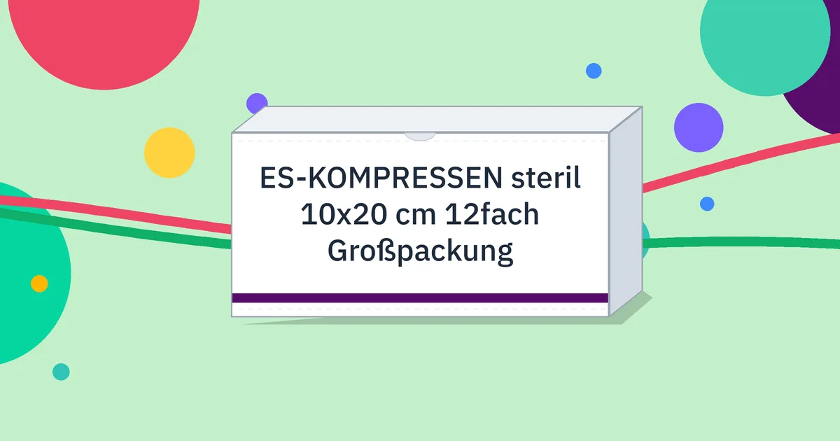 Symbolbild: Packung mit der Aufschrift ES-KOMPRESSEN steril 10x20 cm 12fach Großpackung (PZN 18154844) – Verfügbarkeit und Bezug in Apotheken in Frankfurt am Main