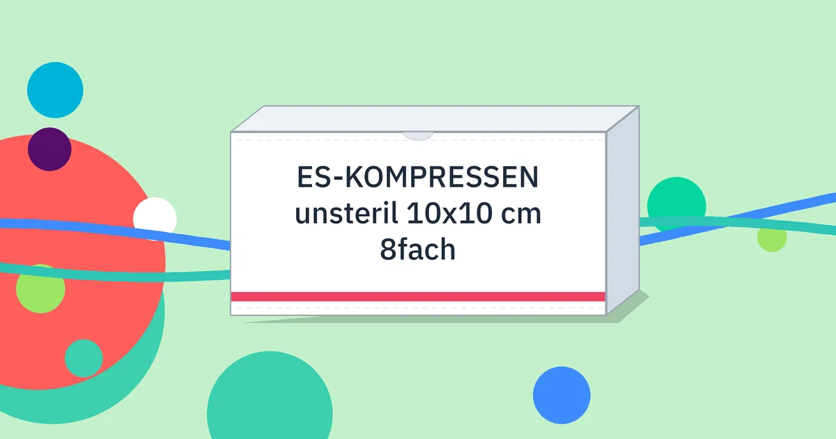 Symbolbild: Packung mit der Aufschrift ES-KOMPRESSEN unsteril 10x10 cm 8fach (PZN 19130627) – Verfügbarkeit und Bezug in Apotheken in Frankfurt am Main