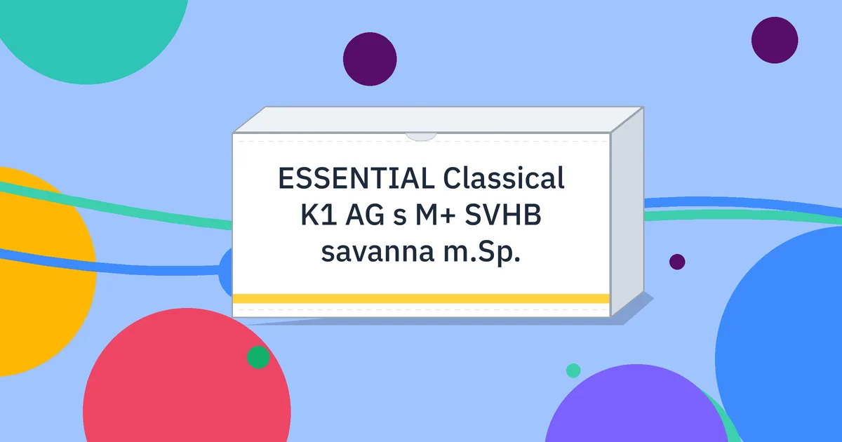 Symbolbild: Packung mit der Aufschrift ESSENTIAL Classical K1 AG s M+ SVHB savanna m.Sp. (PZN 18421015) – Verfügbarkeit und Bezug in Apotheken in Frankfurt am Main