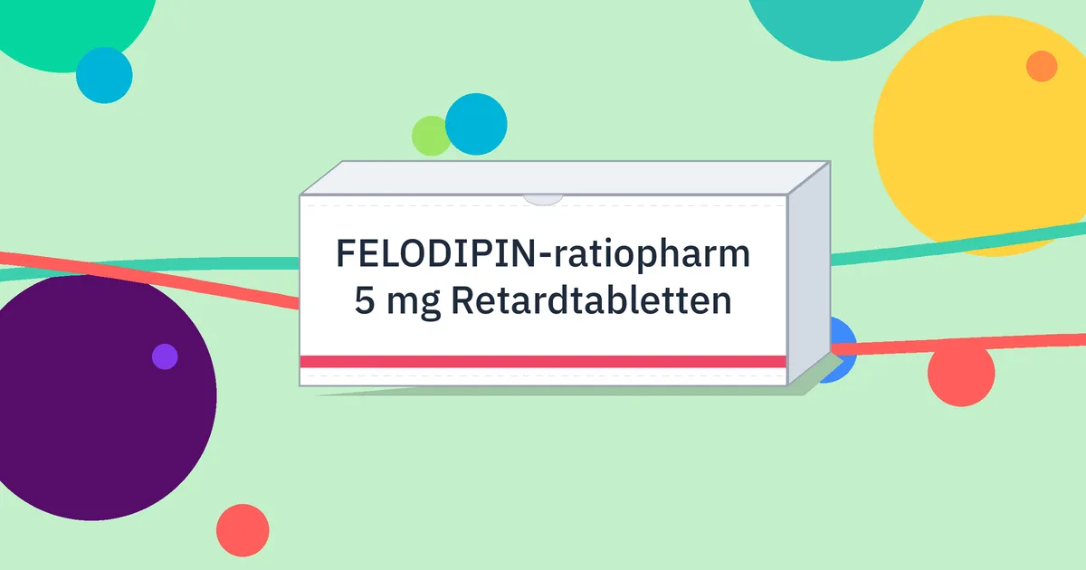 Symbolbild: Packung mit der Aufschrift FELODIPIN-ratiopharm 5 mg Retardtabletten (PZN 16009718) – Verfügbarkeit und Bezug in Apotheken in Frankfurt am Main