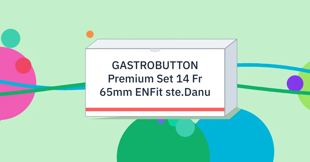 Symbolbild: Packung mit der Aufschrift GASTROBUTTON Premium Set 14 Fr 65mm ENFit ste.Danu (PZN 19076974) – Verfügbarkeit und Bezug in Apotheken in Frankfurt am Main