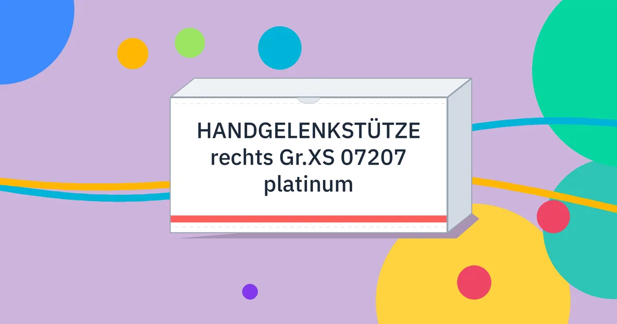 Symbolbild: Packung mit der Aufschrift HANDGELENKSTÜTZE rechts Gr.XS 07207 platinum (PZN 19450823) – Verfügbarkeit und Bezug in Apotheken in Frankfurt am Main