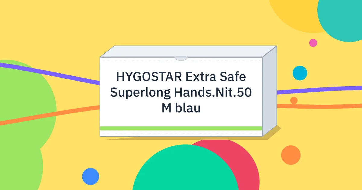 Symbolbild: Packung mit der Aufschrift HYGOSTAR Extra Safe Superlong Hands.Nit.50 M blau (PZN 20773247) – Verfügbarkeit und Bezug in Apotheken in Frankfurt am Main