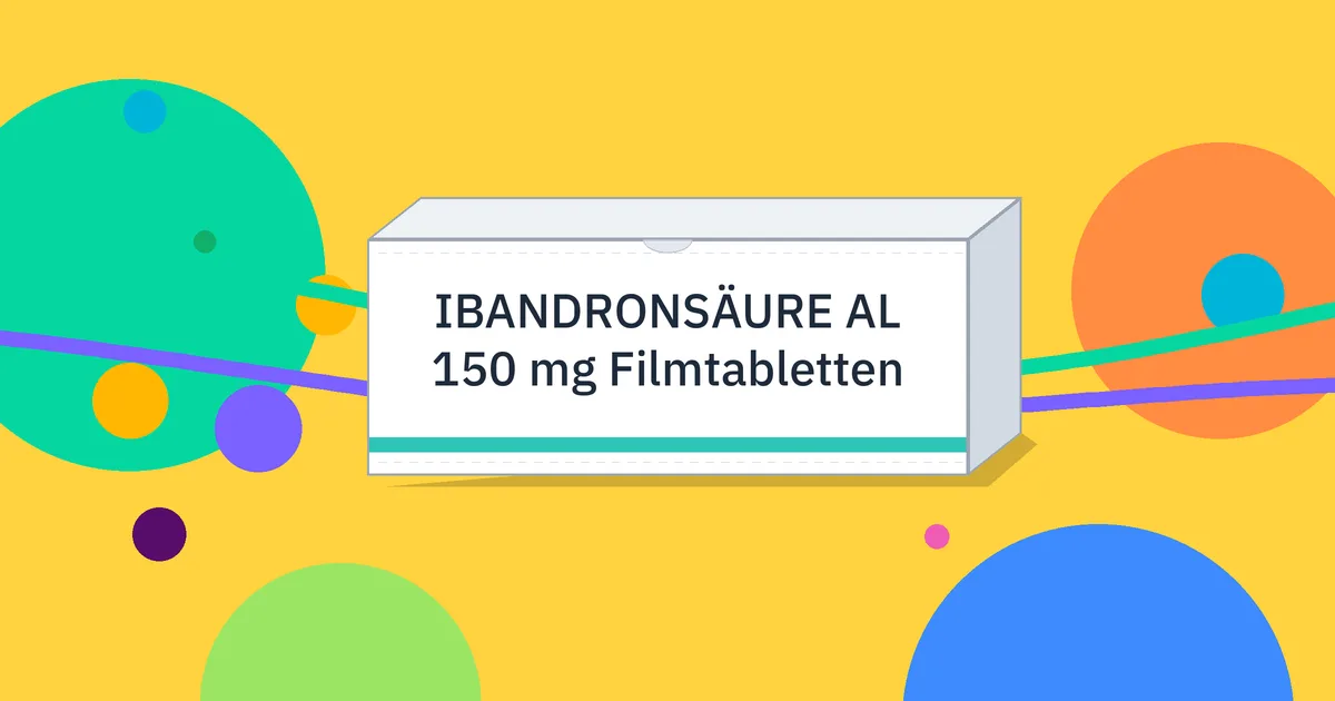 Symbolbild: Packung mit der Aufschrift IBANDRONSÄURE AL 150 mg Filmtabletten (PZN 09709869) – Verfügbarkeit und Bezug in Apotheken in Frankfurt am Main