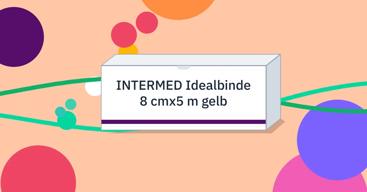 Symbolbild: Packung mit der Aufschrift INTERMED Idealbinde 8 cmx5 m gelb (PZN 02549865) – Verfügbarkeit und Bezug in Apotheken in Frankfurt am Main
