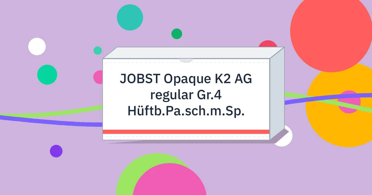 Symbolbild: Packung mit der Aufschrift JOBST Opaque K2 AG regular Gr.4 Hüftb.Pa.sch.m.Sp. (PZN 13116678) – Verfügbarkeit und Bezug in Apotheken in Frankfurt am Main