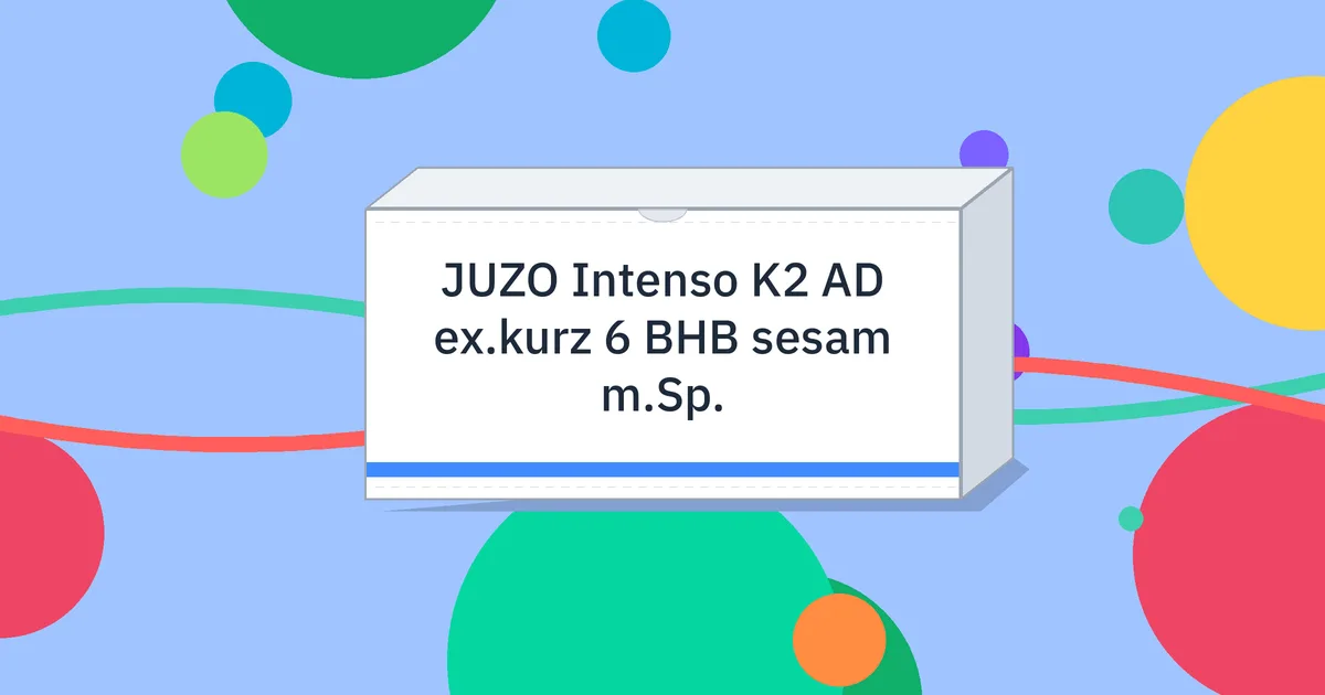 Symbolbild: Packung mit der Aufschrift JUZO Intenso K2 AD ex.kurz 6 BHB sesam m.Sp. (PZN 18615133) – Verfügbarkeit und Bezug in Apotheken in Frankfurt am Main