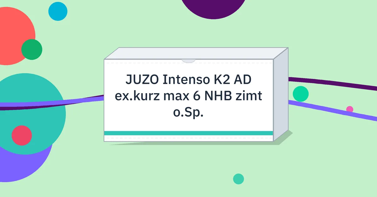 Symbolbild: Packung mit der Aufschrift JUZO Intenso K2 AD ex.kurz max 6 NHB zimt o.Sp. (PZN 18620909) – Verfügbarkeit und Bezug in Apotheken in Frankfurt am Main