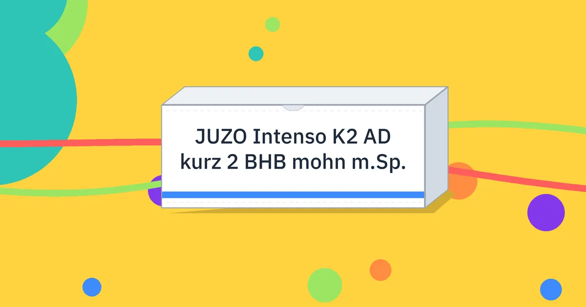 Symbolbild: Packung mit der Aufschrift JUZO Intenso K2 AD kurz 2 BHB mohn m.Sp. (PZN 18614694) – Verfügbarkeit und Bezug in Apotheken in Frankfurt am Main
