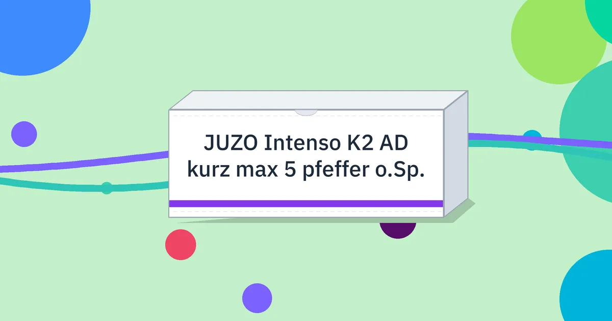 Symbolbild: Packung mit der Aufschrift JUZO Intenso K2 AD kurz max 5 pfeffer o.Sp. (PZN 18619042) – Verfügbarkeit und Bezug in Apotheken in Frankfurt am Main