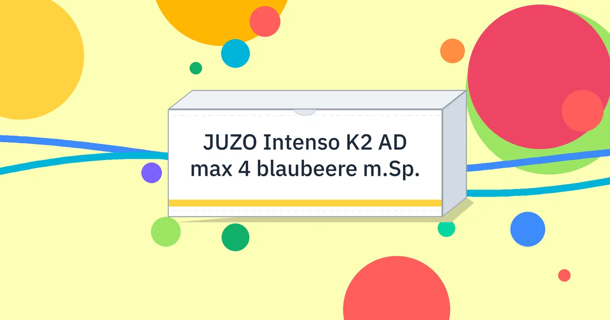 Symbolbild: Packung mit der Aufschrift JUZO Intenso K2 AD max 4 blaubeere m.Sp. (PZN 18609291) – Verfügbarkeit und Bezug in Apotheken in Frankfurt am Main