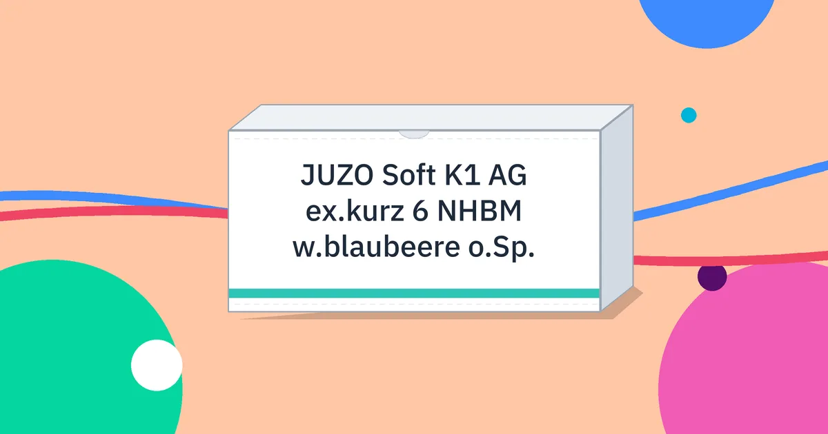 Symbolbild: Packung mit der Aufschrift JUZO Soft K1 AG ex.kurz 6 NHBM w.blaubeere o.Sp. (PZN 15018046) – Verfügbarkeit und Bezug in Apotheken in Frankfurt am Main