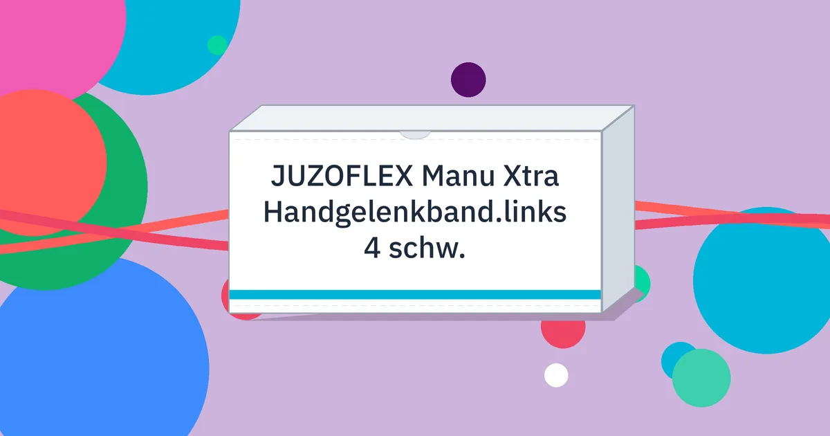 Symbolbild: Packung mit der Aufschrift JUZOFLEX Manu Xtra Handgelenkband.links 4 schw. (PZN 16635195) – Verfügbarkeit und Bezug in Apotheken in Frankfurt am Main