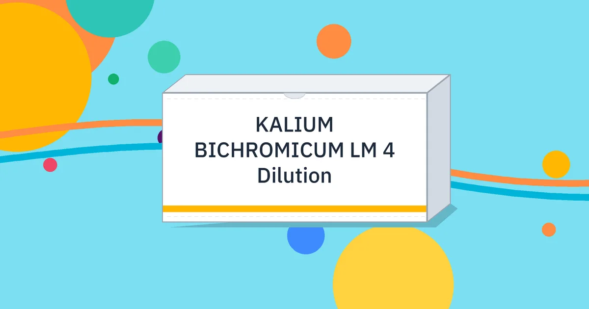 Symbolbild: Packung mit der Aufschrift KALIUM BICHROMICUM LM 4 Dilution (PZN 12917376) – Verfügbarkeit und Bezug in Apotheken in Frankfurt am Main