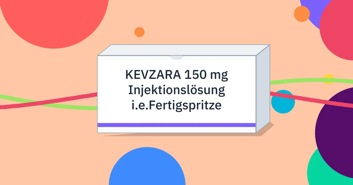 Symbolbild: Packung mit der Aufschrift KEVZARA 150 mg Injektionslösung i.e.Fertigspritze (PZN 18840054) – Verfügbarkeit und Bezug in Apotheken in Frankfurt am Main