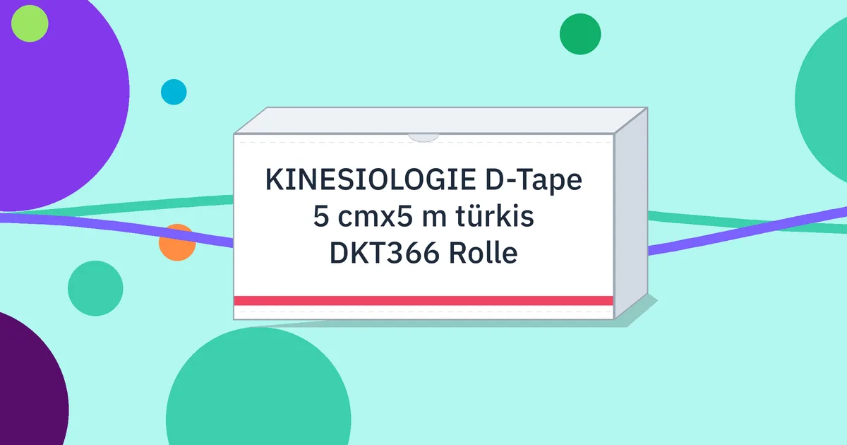Symbolbild: Packung mit der Aufschrift KINESIOLOGIE D-Tape 5 cmx5 m türkis DKT366 Rolle (PZN 07566905) – Verfügbarkeit und Bezug in Apotheken in Frankfurt am Main