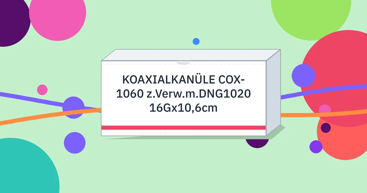 Symbolbild: Packung mit der Aufschrift KOAXIALKANÜLE COX-1060 z.Verw.m.DNG1020 16Gx10,6cm (PZN 00284227) – Verfügbarkeit und Bezug in Apotheken in Frankfurt am Main