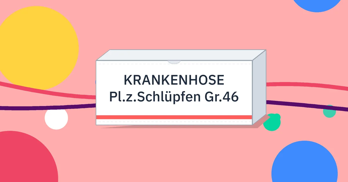 Symbolbild: Packung mit der Aufschrift KRANKENHOSE Pl.z.Schlüpfen Gr.46 (PZN 01740727) – Verfügbarkeit und Bezug in Apotheken in Frankfurt am Main