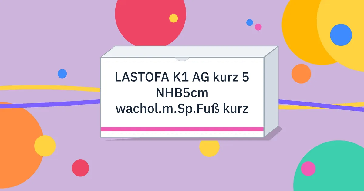 Symbolbild: Packung mit der Aufschrift LASTOFA K1 AG kurz 5 NHB5cm wachol.m.Sp.Fuß kurz (PZN 13793315) – Verfügbarkeit und Bezug in Apotheken in Frankfurt am Main