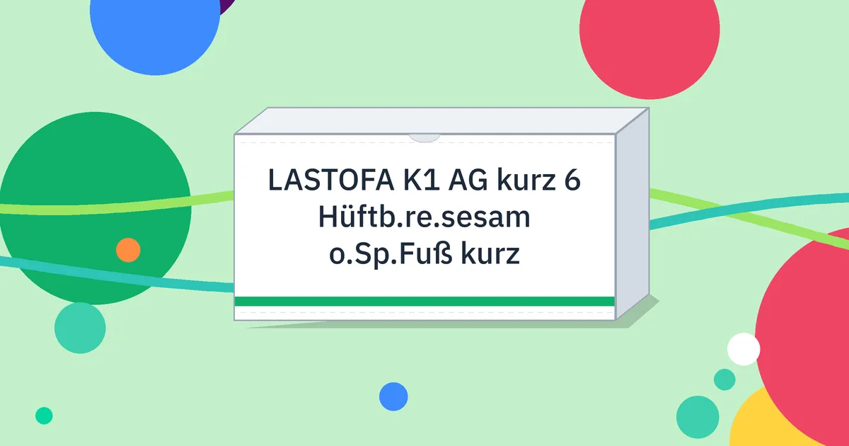 Symbolbild: Packung mit der Aufschrift LASTOFA K1 AG kurz 6 Hüftb.re.sesam o.Sp.Fuß kurz (PZN 13799269) – Verfügbarkeit und Bezug in Apotheken in Frankfurt am Main