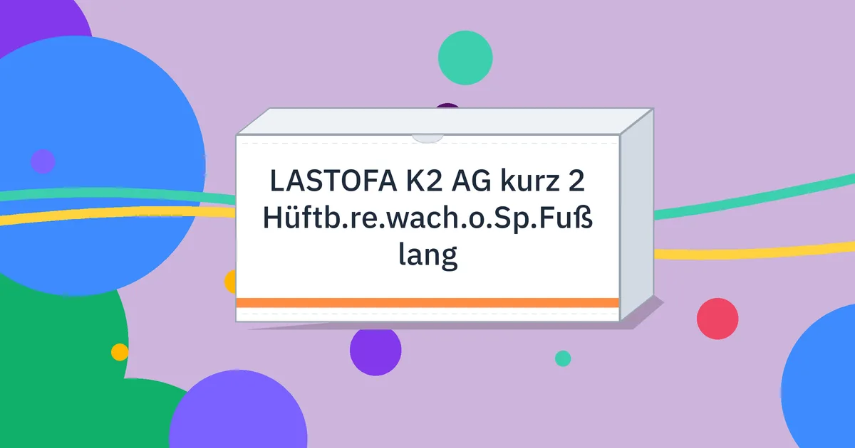 Symbolbild: Packung mit der Aufschrift LASTOFA K2 AG kurz 2 Hüftb.re.wach.o.Sp.Fuß lang (PZN 14152239) – Verfügbarkeit und Bezug in Apotheken in Frankfurt am Main