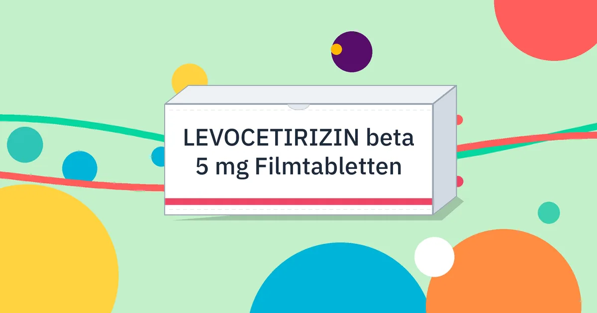 Symbolbild: Packung mit der Aufschrift LEVOCETIRIZIN beta 5 mg Filmtabletten (PZN 16006281) – Verfügbarkeit und Bezug in Apotheken in Frankfurt am Main
