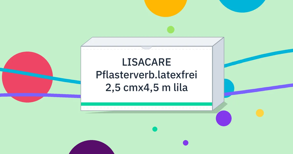 Symbolbild: Packung mit der Aufschrift LISACARE Pflasterverb.latexfrei 2,5 cmx4,5 m lila (PZN 18324766) – Verfügbarkeit und Bezug in Apotheken in Frankfurt am Main