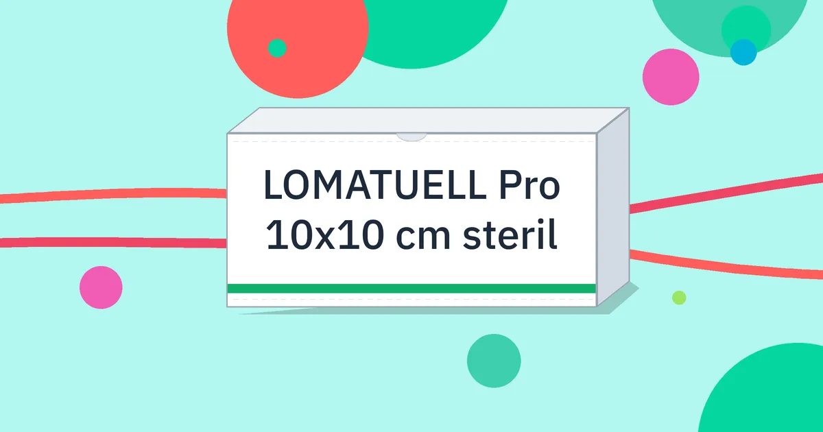 Symbolbild: Packung mit der Aufschrift LOMATUELL Pro 10x10 cm steril (PZN 13753095) – Verfügbarkeit und Bezug in Apotheken in Frankfurt am Main